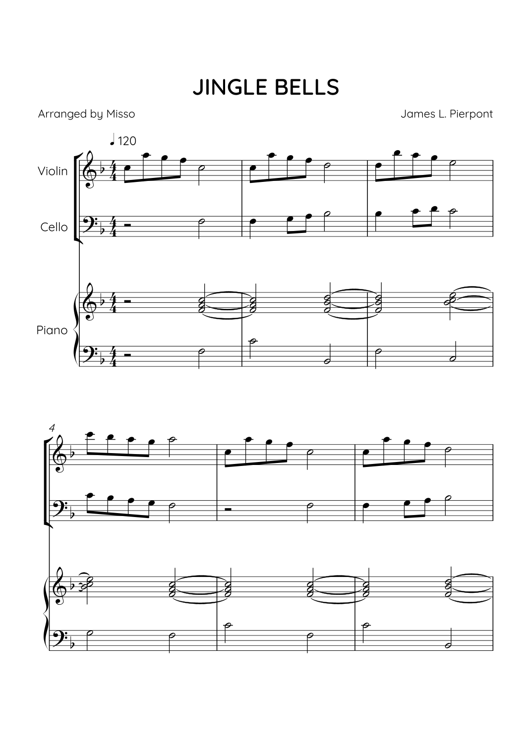 Jingle Bells - Violin, Cello & Piano in F Major (Easy With Chords) (arr ...