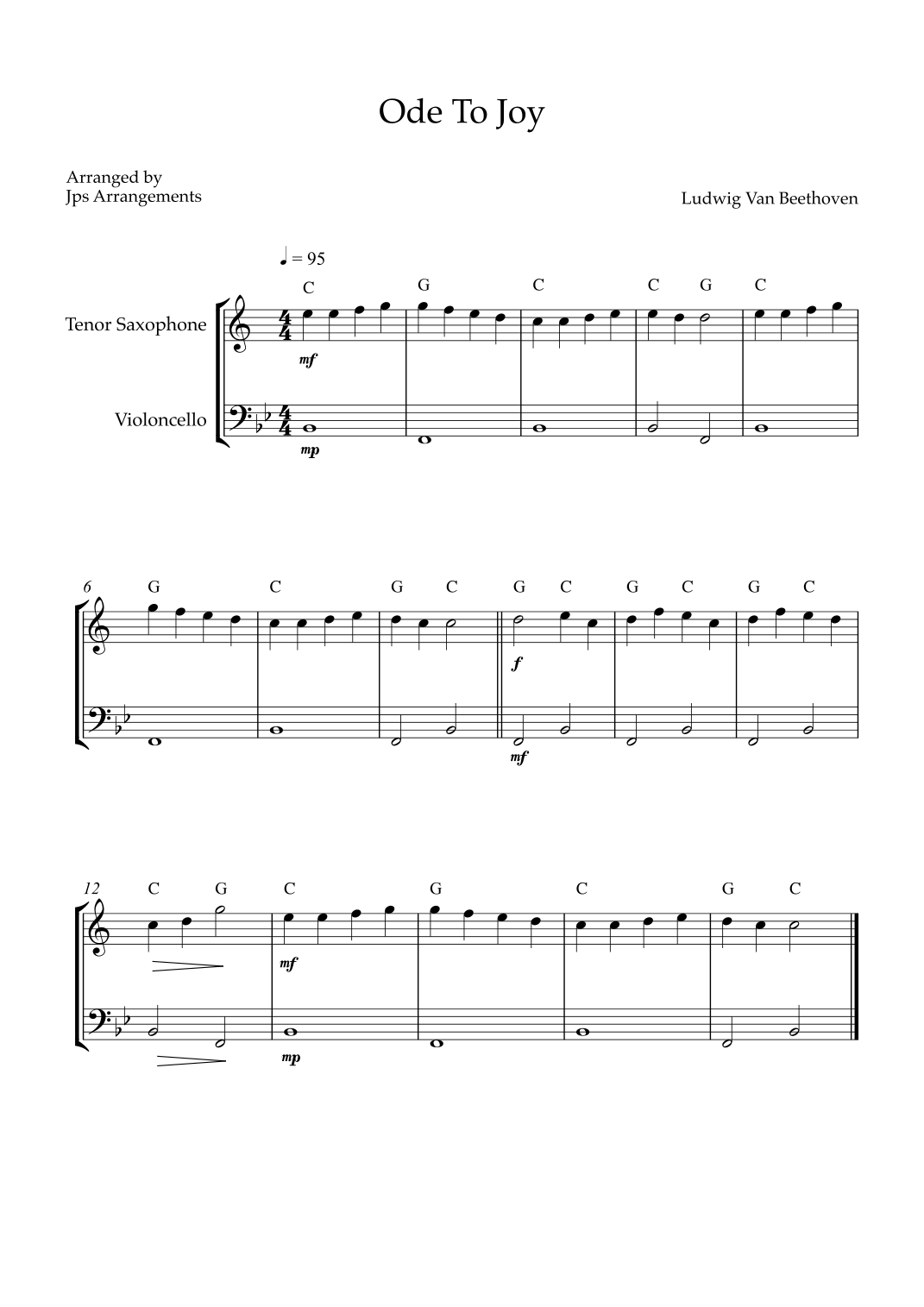 Ode to Joy for Tenor saxophone and Cello - Key of Bb (arr. Jps ...