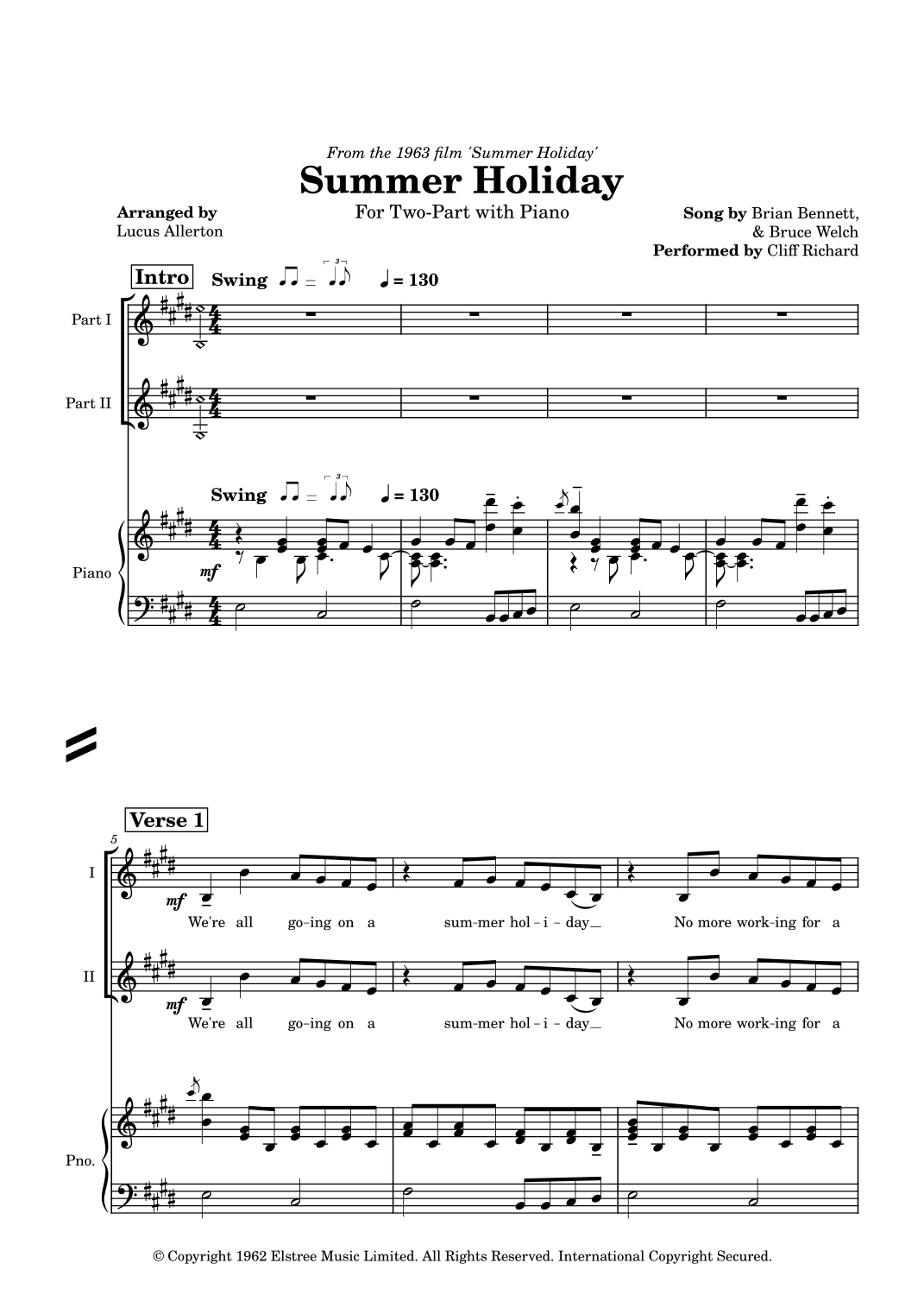 Summer Holiday (arr. Lucus Allerton) by Cliff Richard Sheet Music for 2 ...