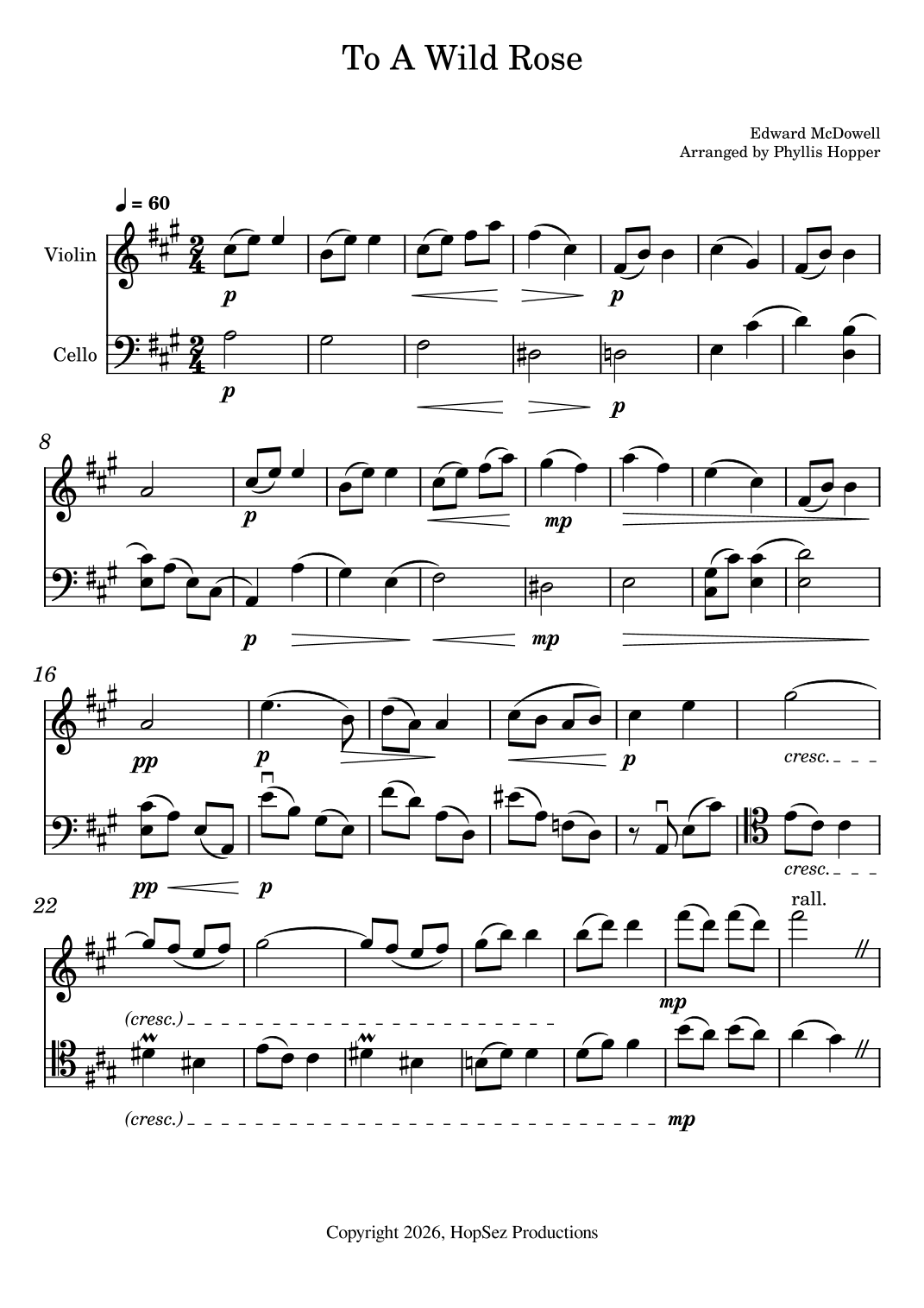 To a Wild Rose - violin and cello duet (arr. Phyllis Hopper) von Edward ...