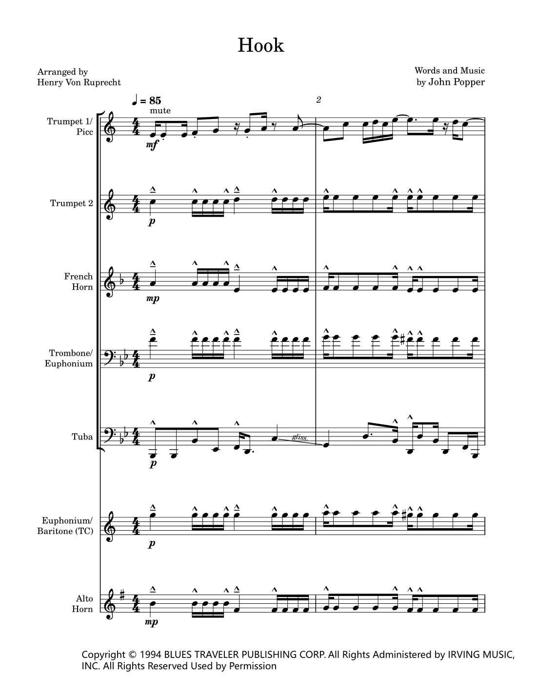 Hook (arr. Henry Von Ruprecht) by John Popper Sheet Music for Brass ...