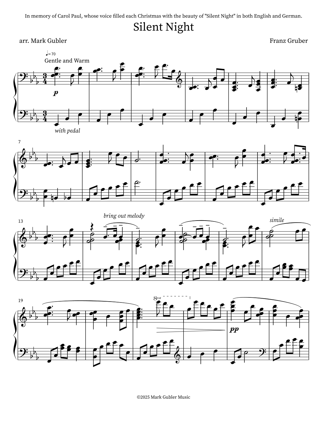 Silent Night (arr. Mark Gubler) by Franz Gruber Sheet Music for Piano ...
