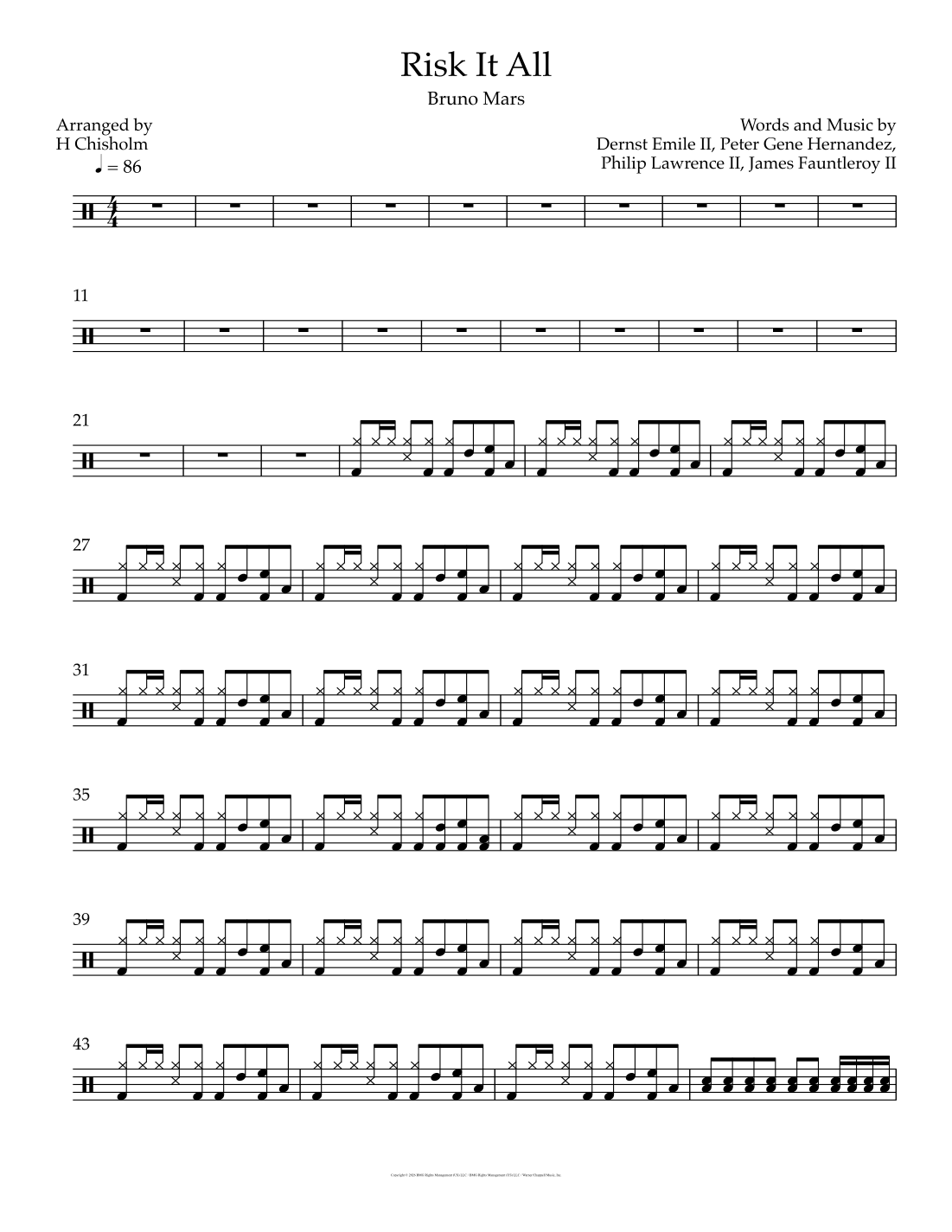 RISK IT ALL (ARR. H CHISHOLM, DRUM SHEET FINDER) POR BRUNO MARS ...