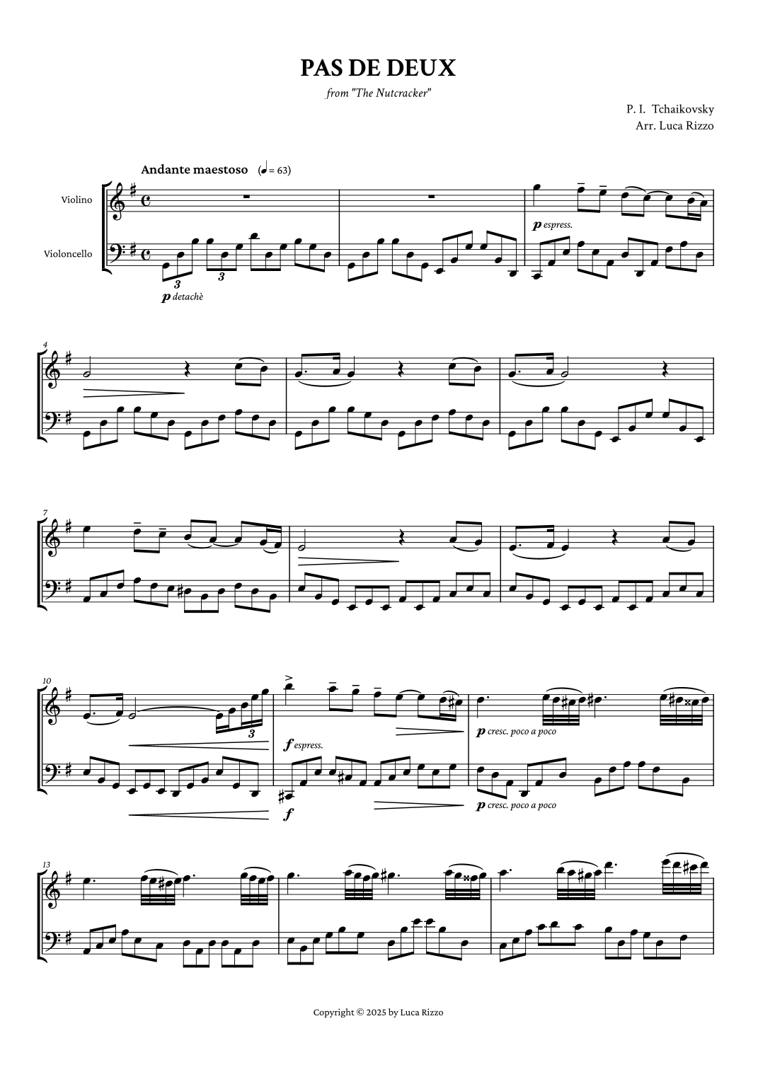 Pas de deux (from The Nutcracker) (arr. Luca Rizzo) by Pyotr Ilyich Tchaikovsky Sheet Music for ...