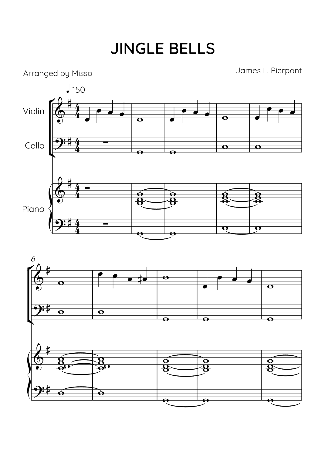 Jingle Bells - Violin, Cello & Piano in G Major (Beginner With Chords) (arr. MissoRB) by James L ...