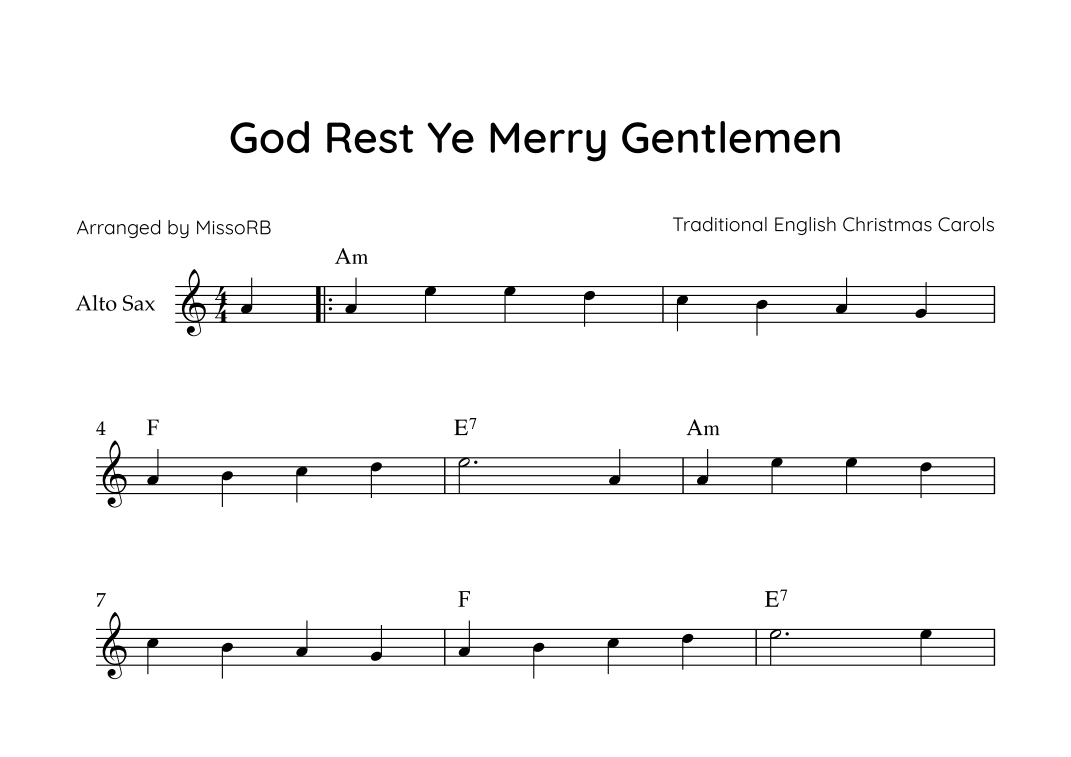 God Rest Ye Merry Gentlemen - Alto Sax in C Minor With Chords - Easy ...