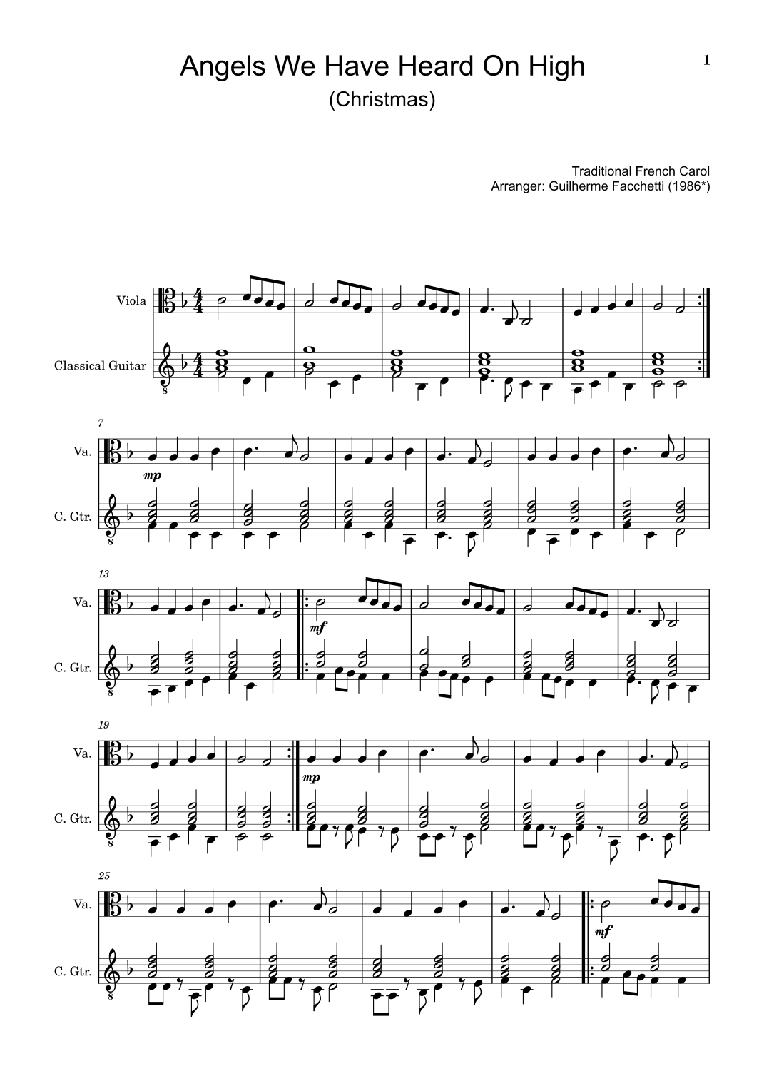 Angels We Have Heard On High - Arranged for Viola and Classical Guitar ...
