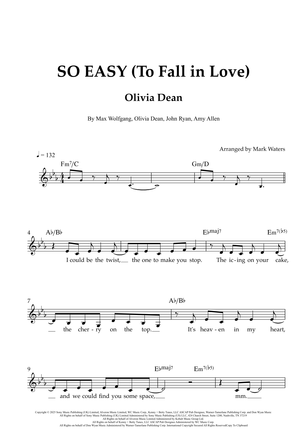 So Easy (To Fall In Love) by Olivia Dean Sheet Music for Lead Sheet ...