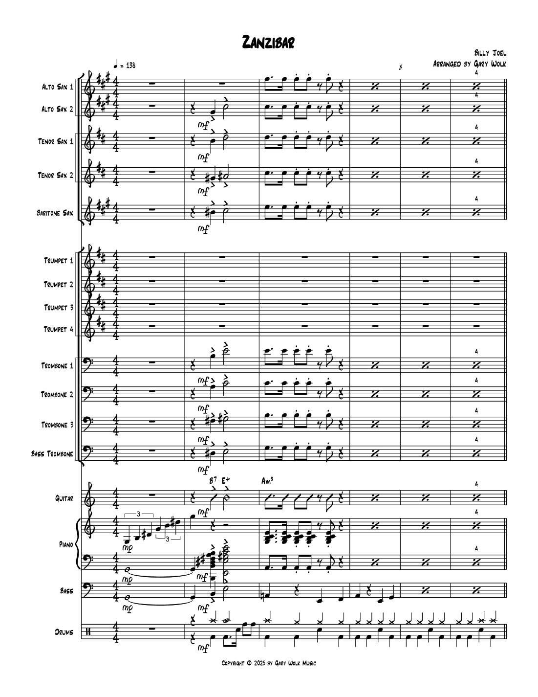 Zanzibar (arr. Gary Wolk) by Billy Joel Sheet Music for Jazz Ensemble ...