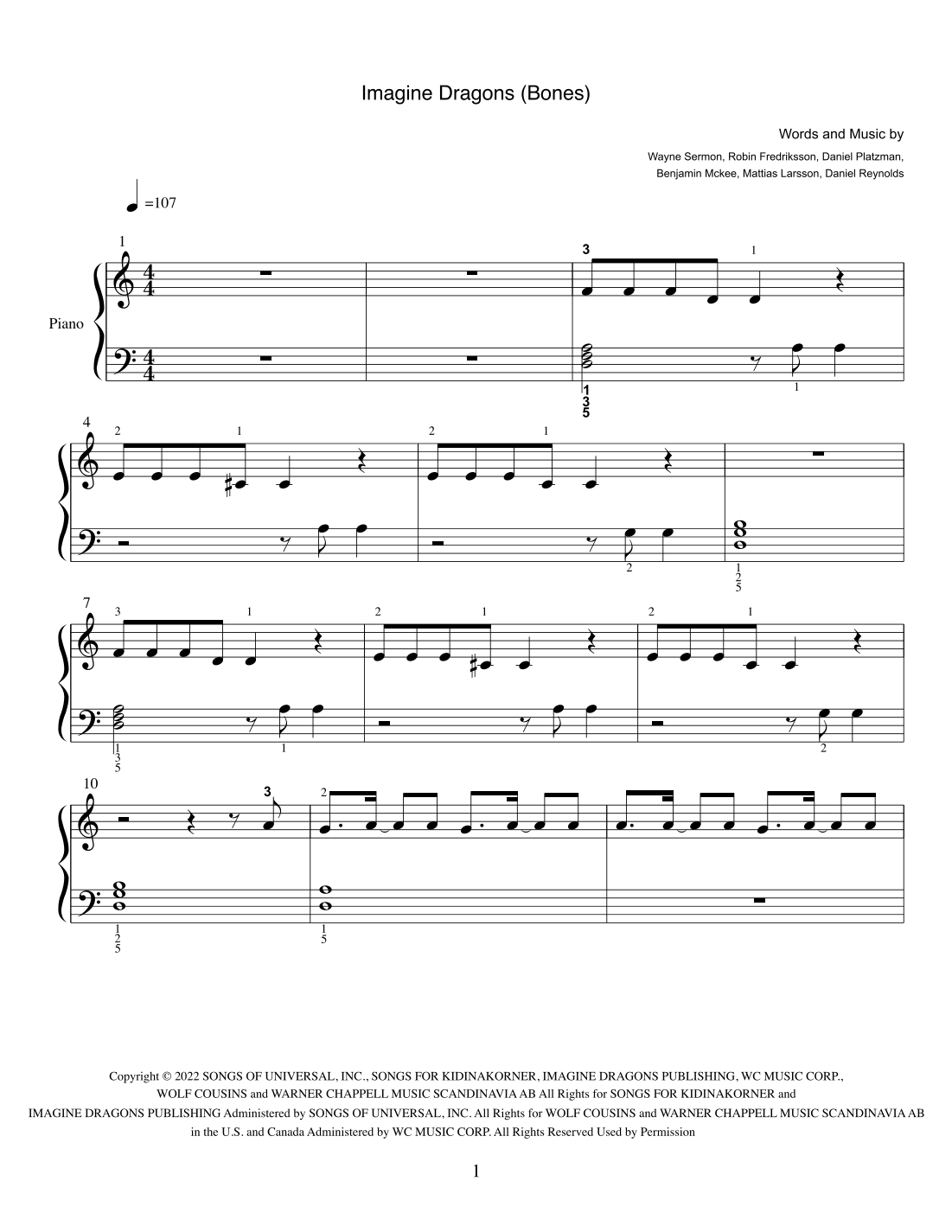 Bones (arr. Joanna Vasanth by Imagine Dragons Sheet Music for Piano ...