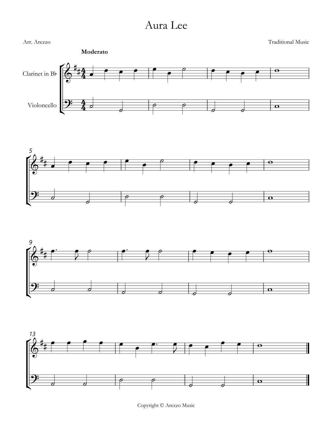 Aura Lee – Easy Clarinet and Cello Sheet Music (arr. Arezzo Music) by ...