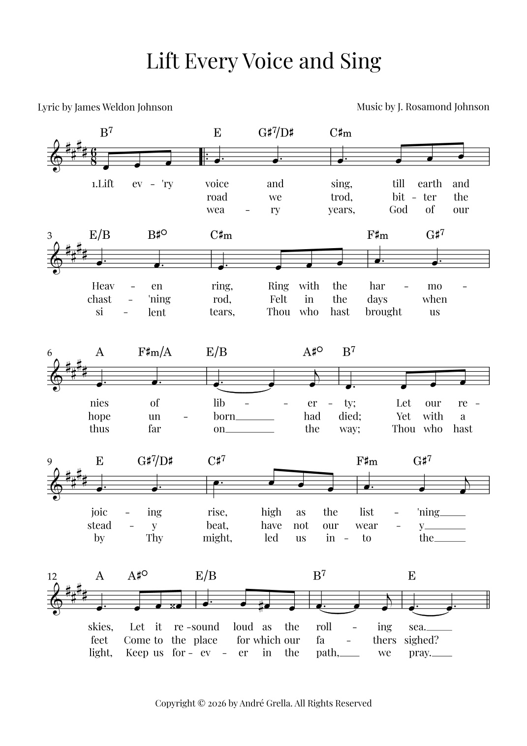 Lift Every Voice and Sing - Lead Sheet in E (Lyrics & Chords) (arr ...