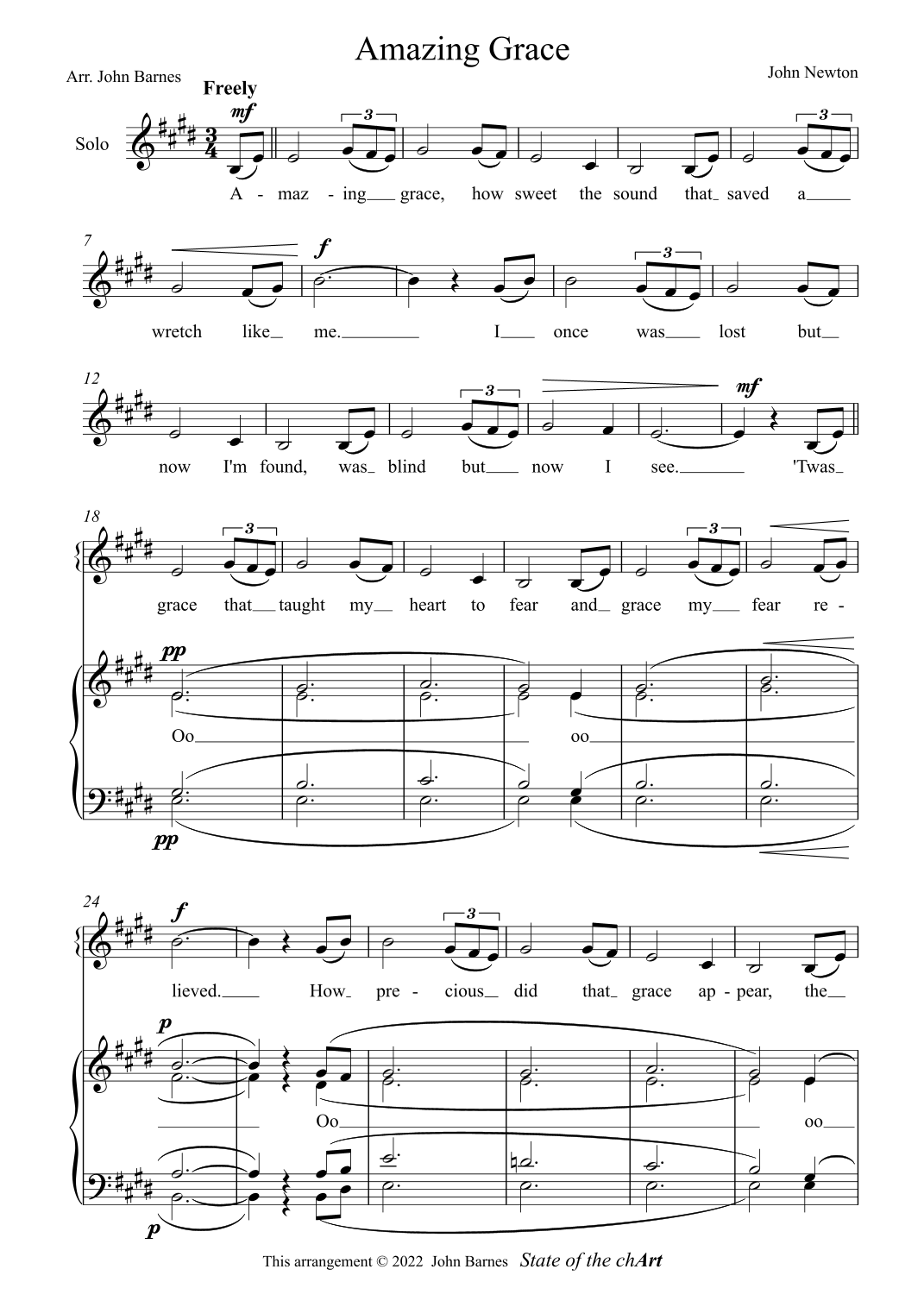 Amazing Grace (arr. John Barnes) by John Newton Sheet Music for SATB ...