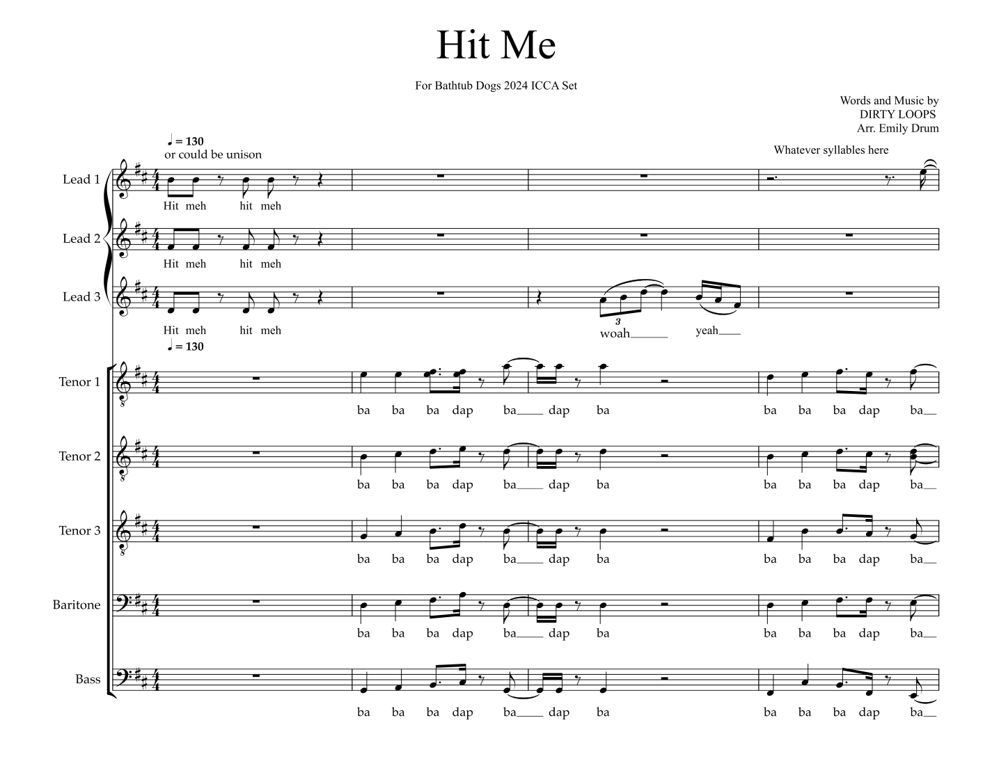 Hit Me (arr. Emily Drum) by Dirty Loops Sheet Music for TTBB divisi ...