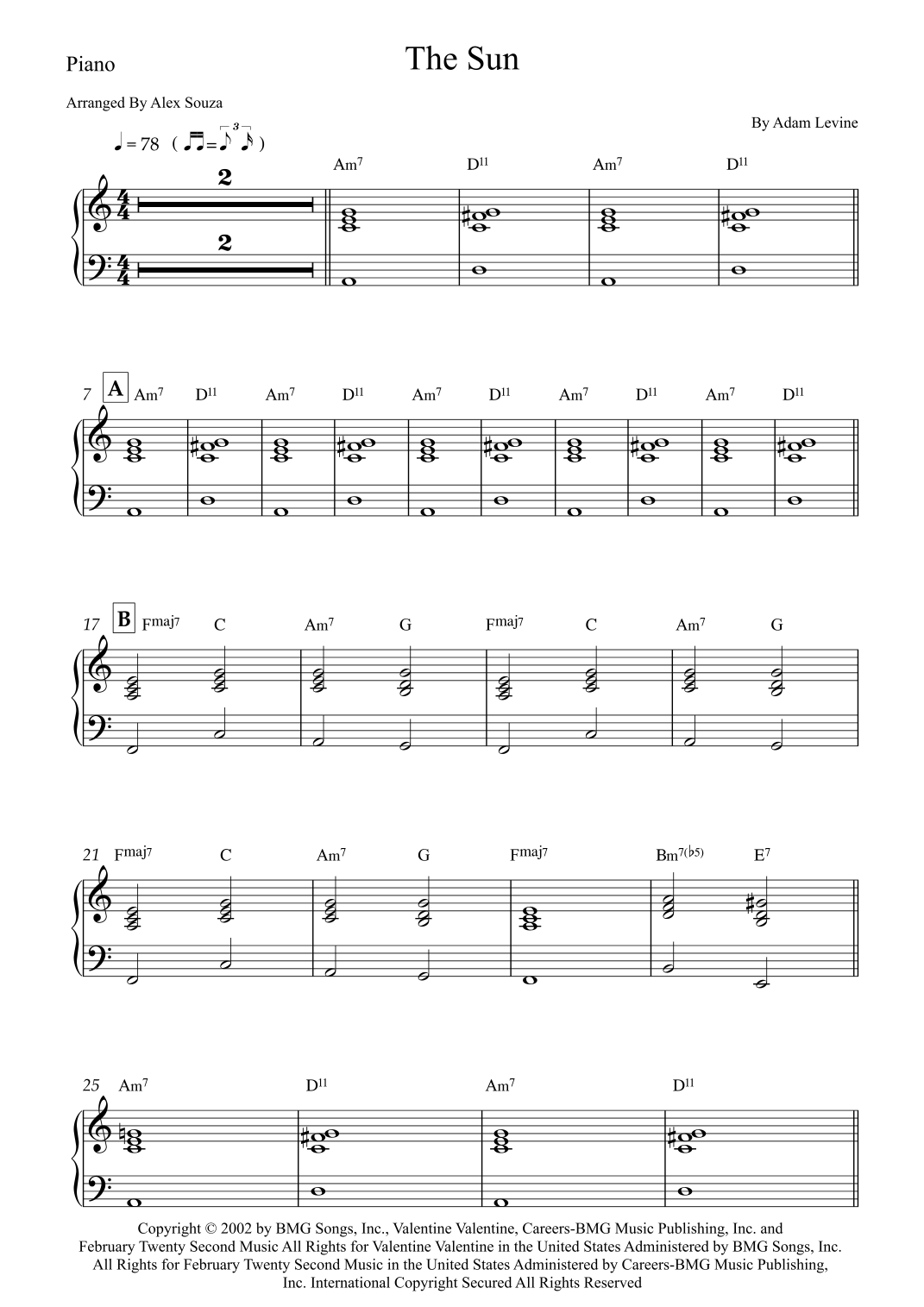 The Sun (arr. Alex Souza) by Maroon5 Sheet Music for Easy Piano at ...