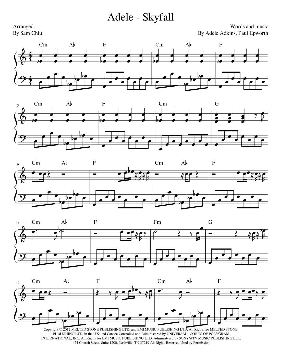 Skyfall (arr. Sam Chiu par Adele Partitions pour Piano solo sur Sheet ...