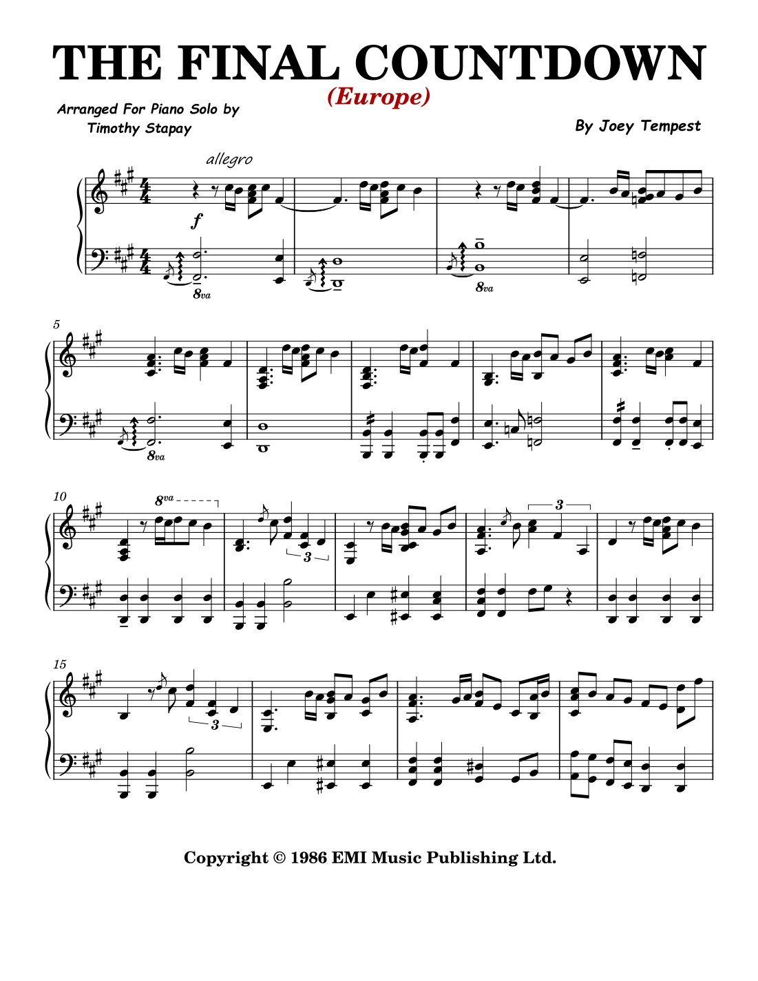 Final Countdown (arr. Timothy Stapay by Europe Sheet Music for Piano ...