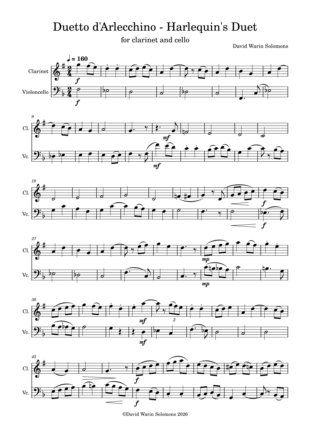 Duetto d'Arlecchino (Harlequin's duet) for clarinet and cello von David ...