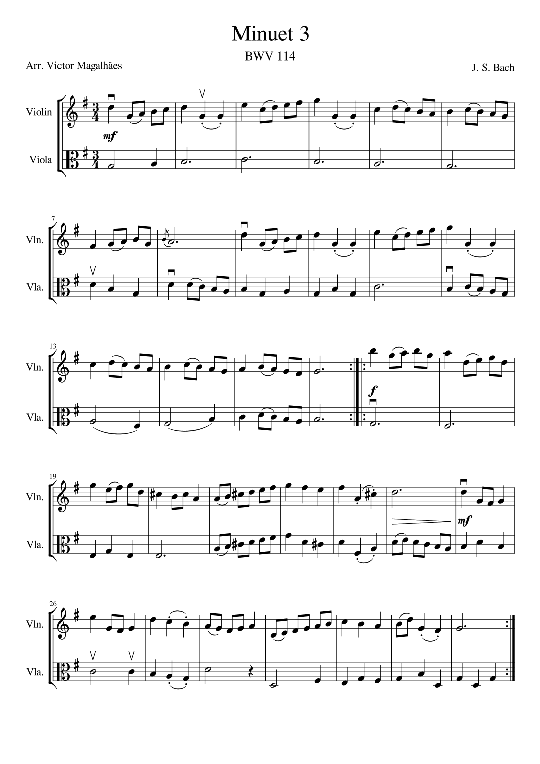 Minuet - Bach's BWV 114 - Easy Duet for Violin & Viola (with Bowings ...