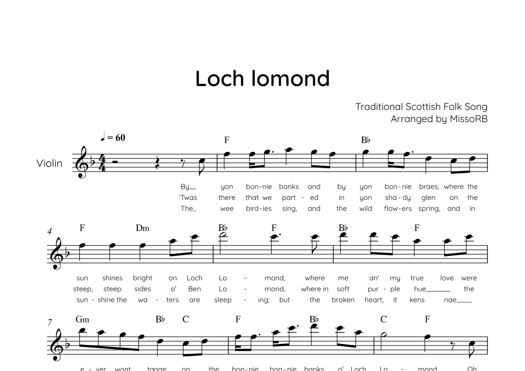 Loch Lomond - Violin in F Lead Sheet With Lyric & Chords - Easy (arr ...