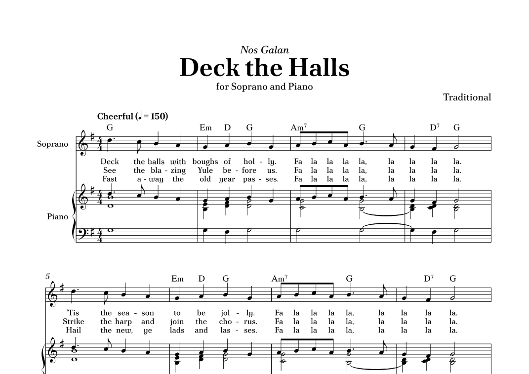 Deck the Halls - Soprano and Piano in G major Easy with Chords (arr ...