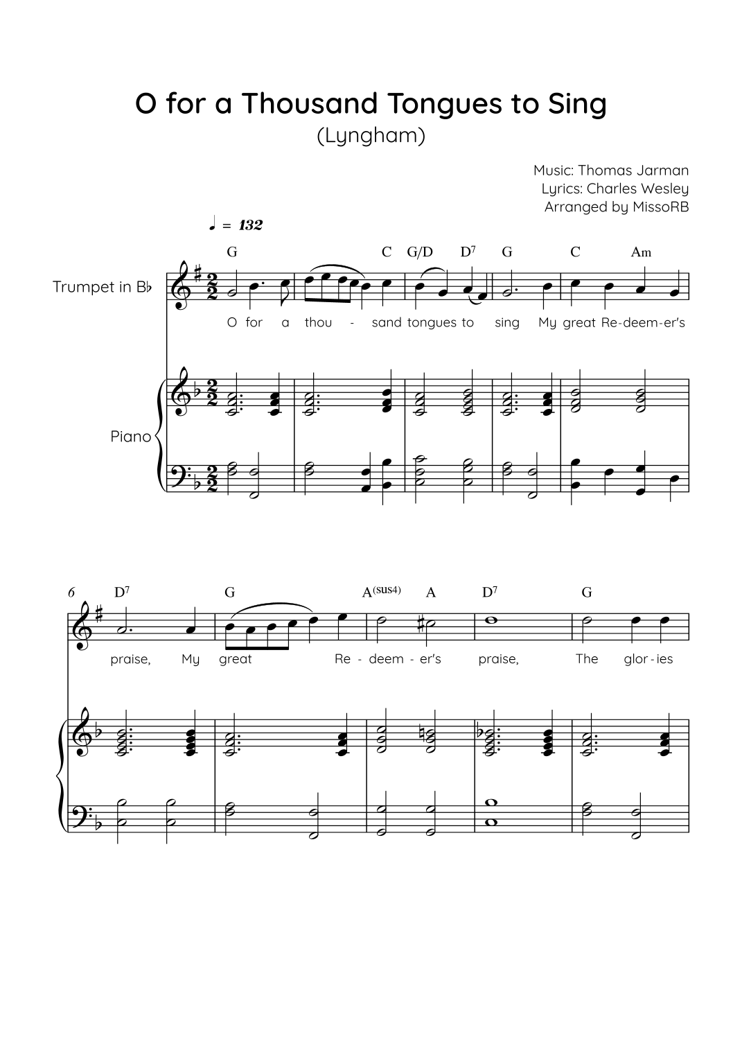 O for a Thousand Tongues to Sing (Lyngham) - Trumpet With Piano in F ...