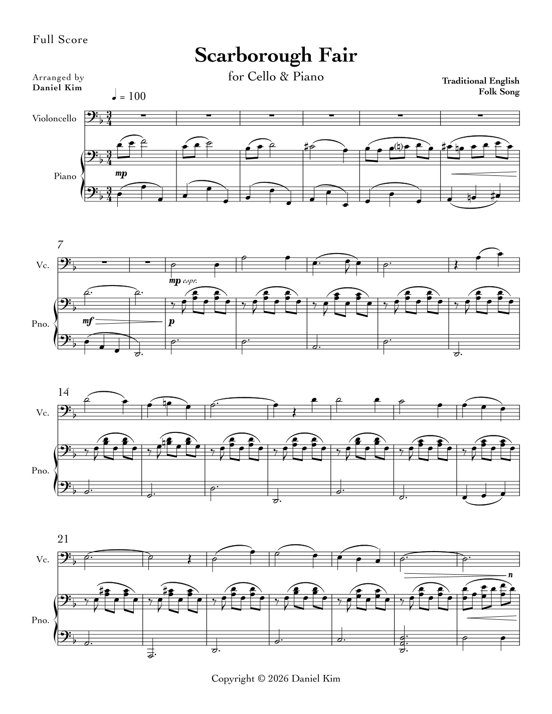 Scarborough Fair (Cello & Piano) (arr. Daniel Kim) by Traditional ...