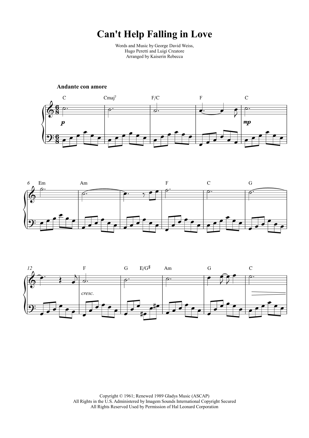 Can't Help Falling In Love (arr. Kaiserin Rebecca) von Elvis Presley Noten zum Klavier solo bei ...