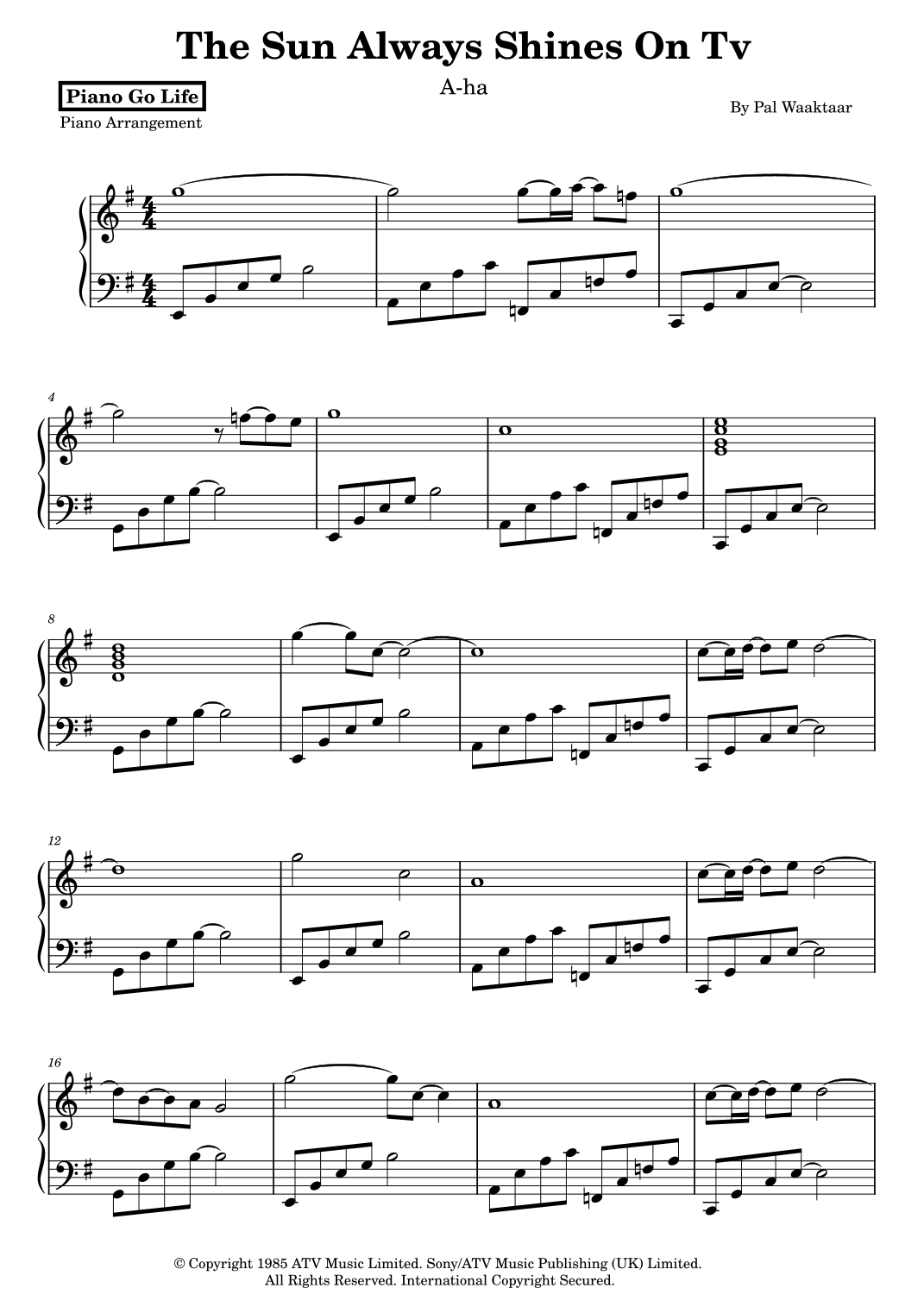The Sun Always Shines On Tv arr Piano Go Life By A ha Sheet Music The Sun Always Shines On Tv arr Piano Go Life By A ha Sheet Music
