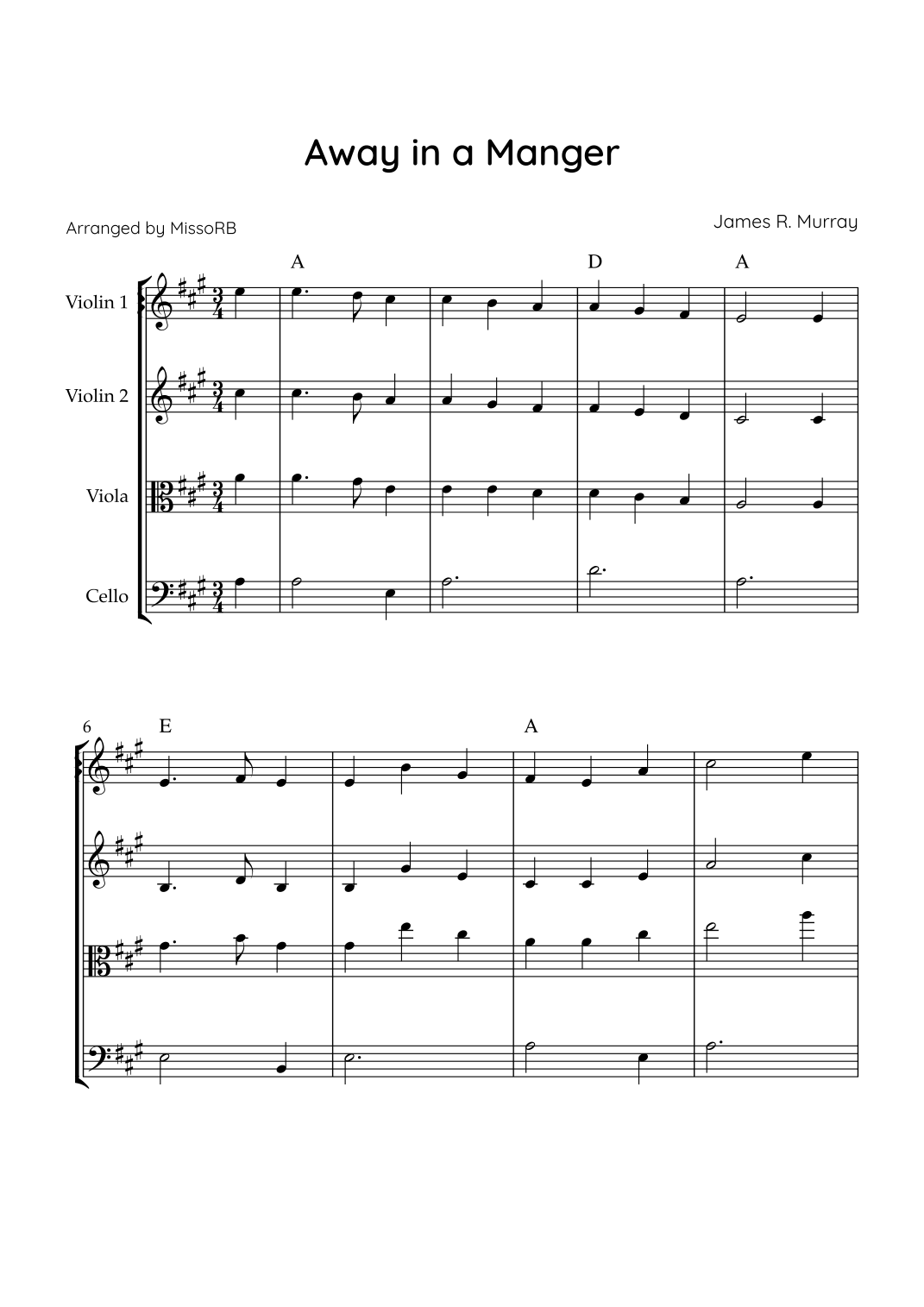Away in a Manger - Strings Quartet in A Major With Chords - Easy (arr ...