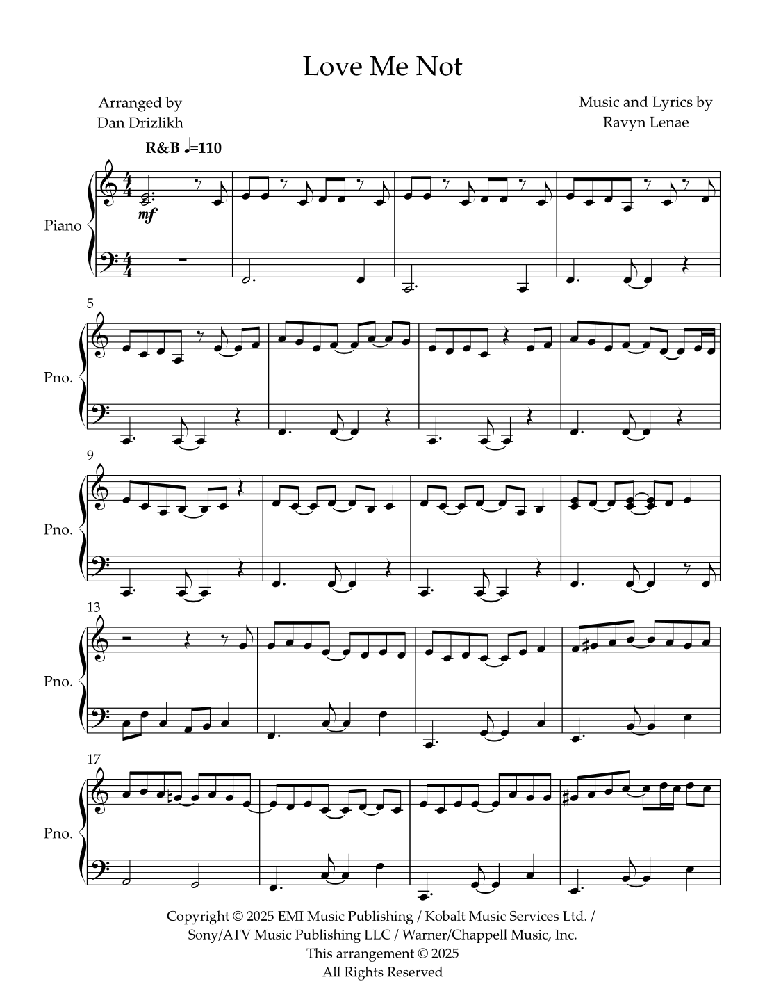 Love Me Not (arr. Dan Drizlikh) por Ravyn Lenae Partituras para Piano ...