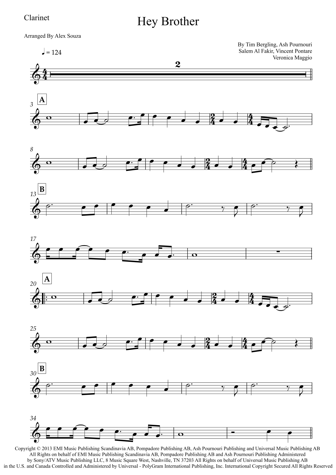 Hey Brother (arr. Alex Souza) by Avicii Sheet Music for Clarinet Solo ...