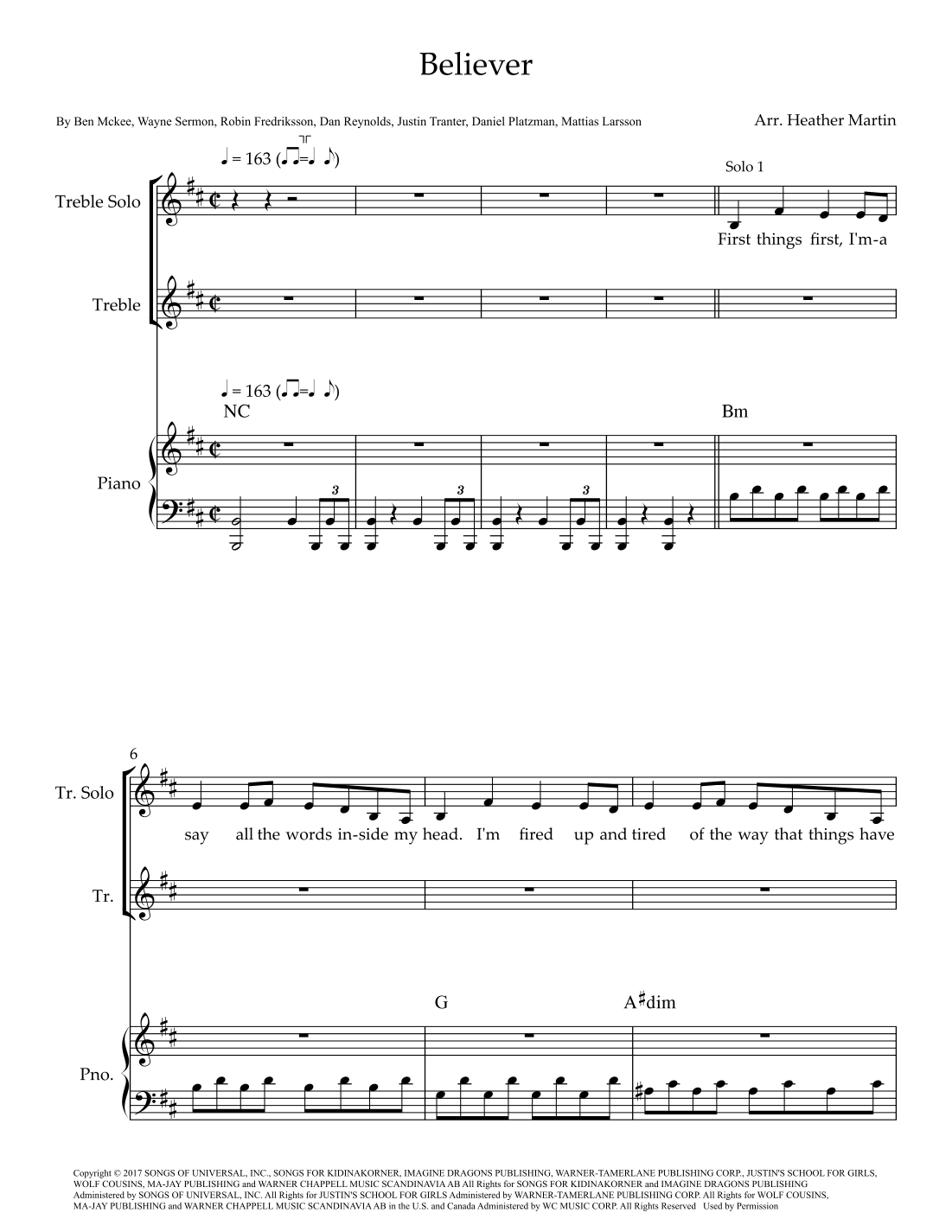 Believer (arr. Heather Martin) by Imagine Dragons Sheet Music for SSA ...