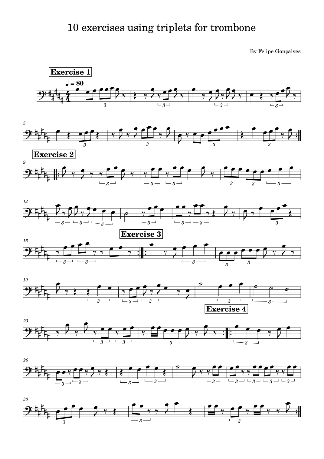 10 exercises using triplets for trombone in the key of B major / G# ...