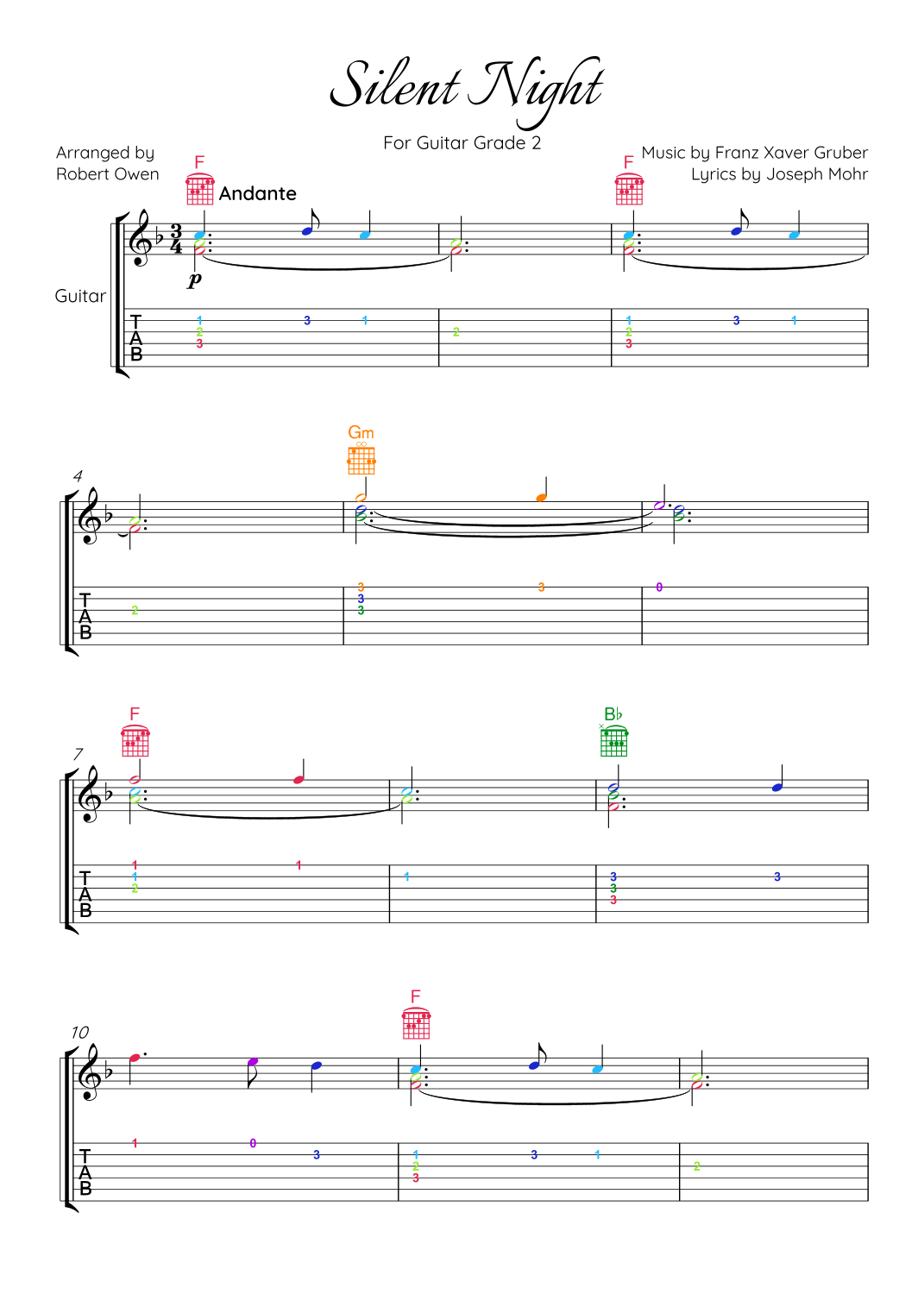 Silent Night (Guitar Grade 2) (arr. Robert Owen) by Josef Mohr Sheet ...