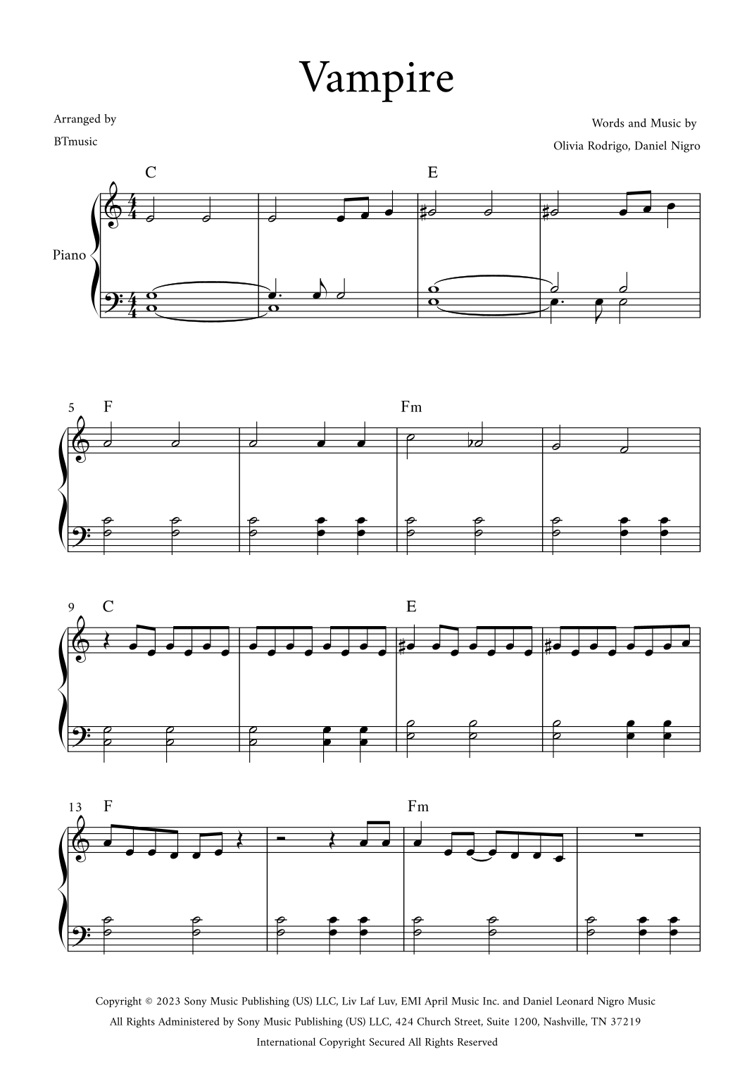 Vampire (arr. BTmusic) by Olivia Rodrigo Sheet Music for Easy Piano at ...