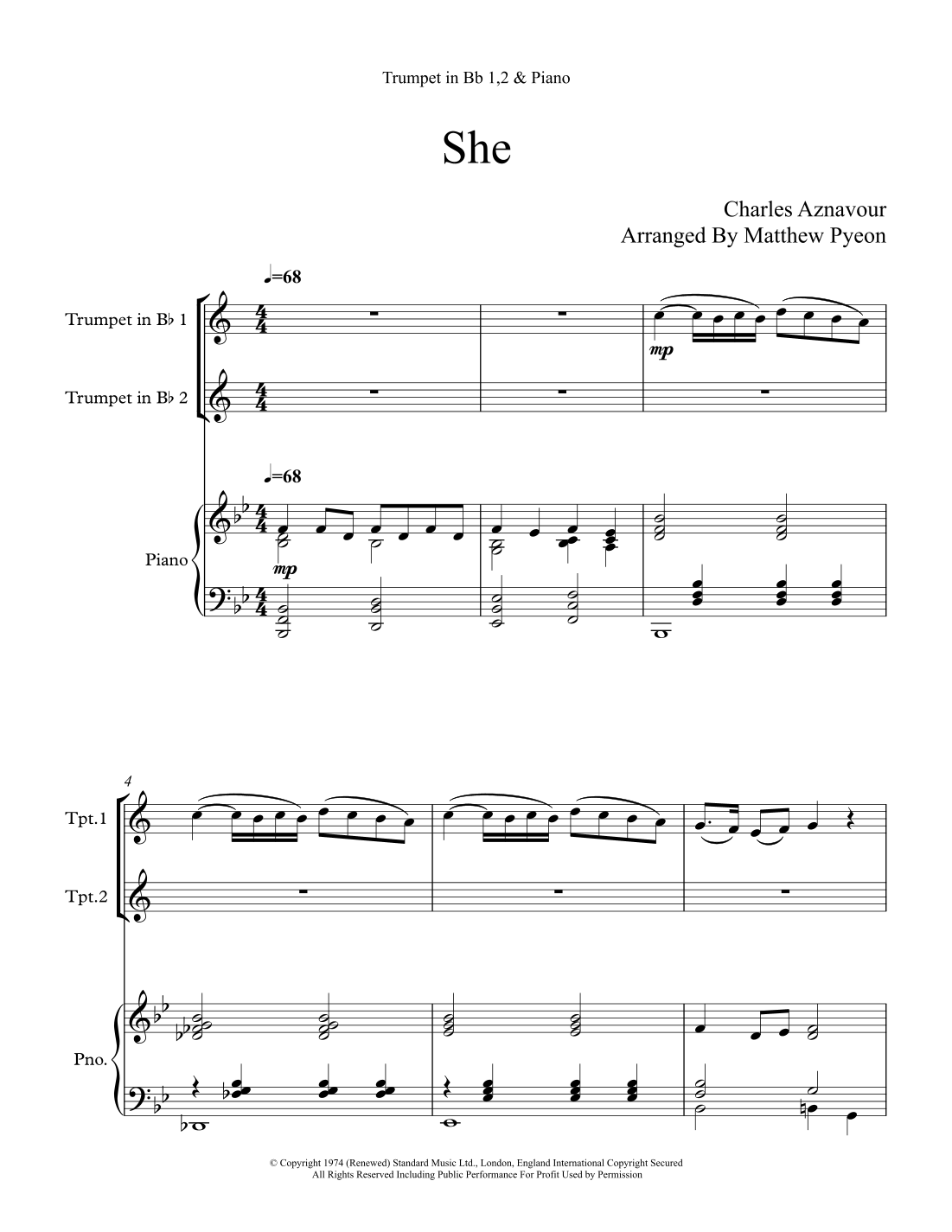 She (arr. Matthew pyeon) by Elvis Costello Sheet Music for Trumpet Duet ...