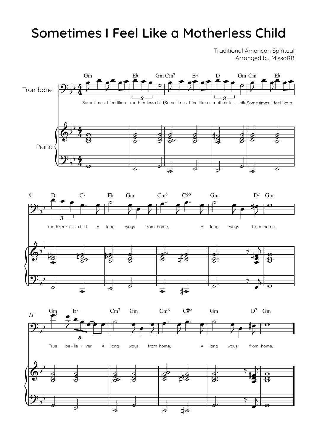 Sometimes I Feel Like A Motherless Child - Trombone & Piano in Gm With ...
