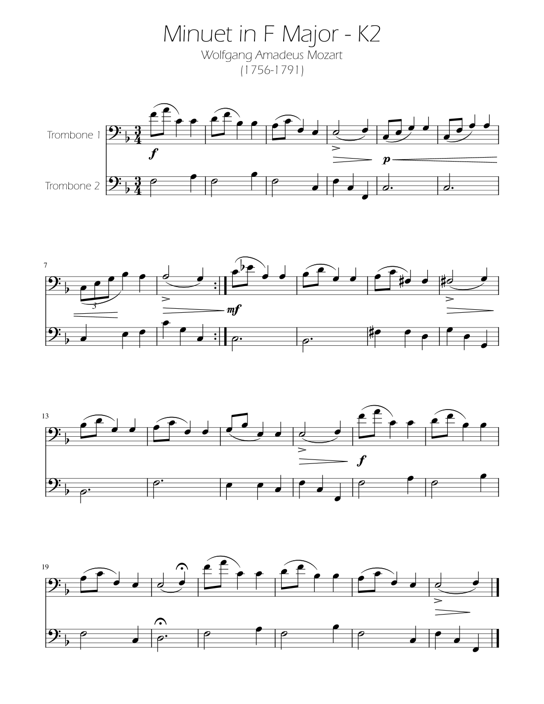 Mozart - Minuet in F Major K2 - Trombone Duet (arr. Ygor Nunes) por ...