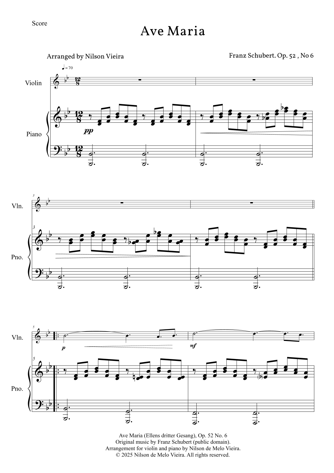 Ave Maria - Franz Schubert - Violin and Easy Piano (without Chords) (arr. Nilson de Melo Vieira ...