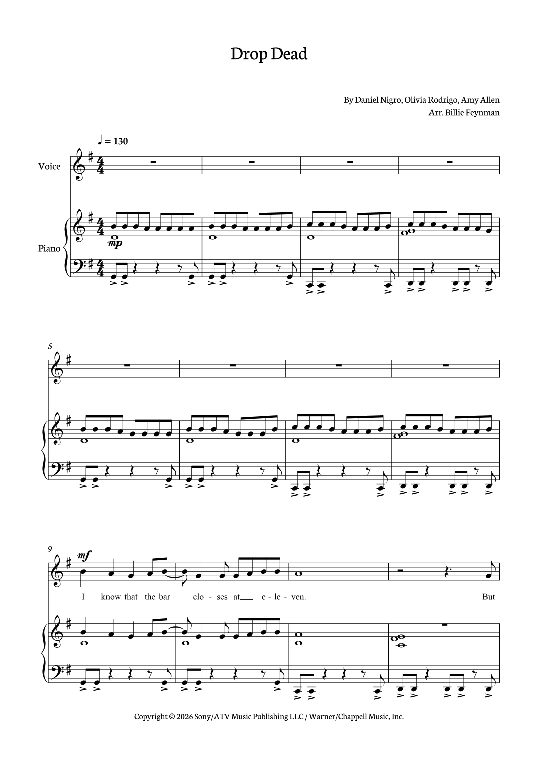 Drop Dead (arr. Billie Feynman by Olivia Rodrigo Sheet Music for Piano ...