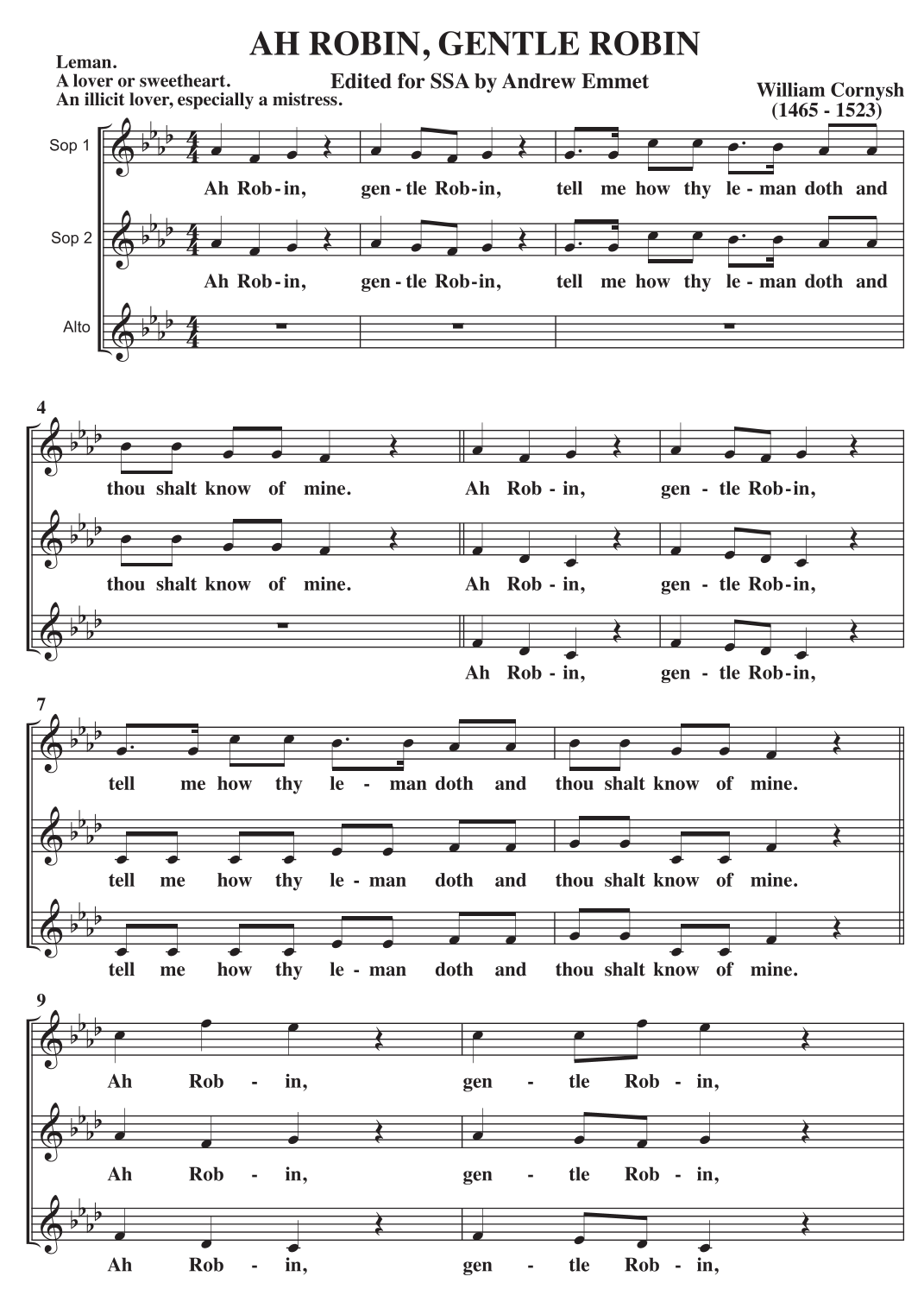 Ah Robin, Gentle Robin A Cappella SSA (arr. Andrew Emmet) by William ...
