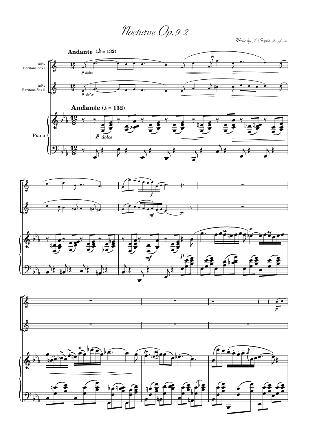 "Nocturne op.9-2" Piano Trio / baritone sax duet (arr. pfkaori) Sheet ...