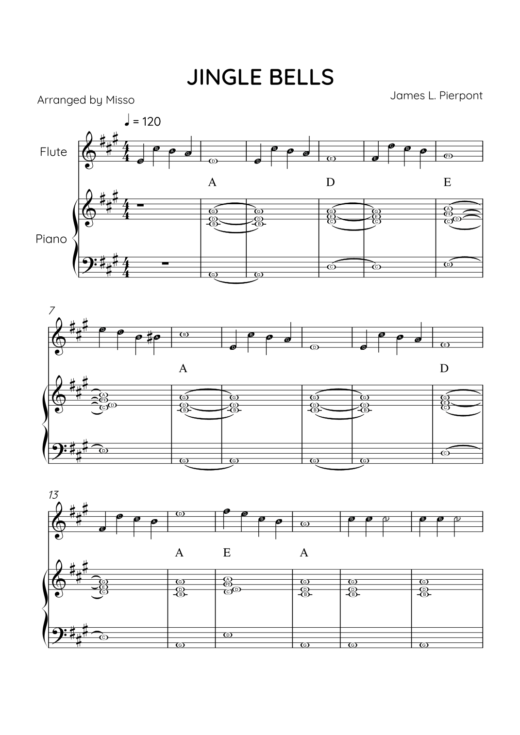 Jingle Bells - Flute & Piano in A Major - Beginner With Chords & Letter ...