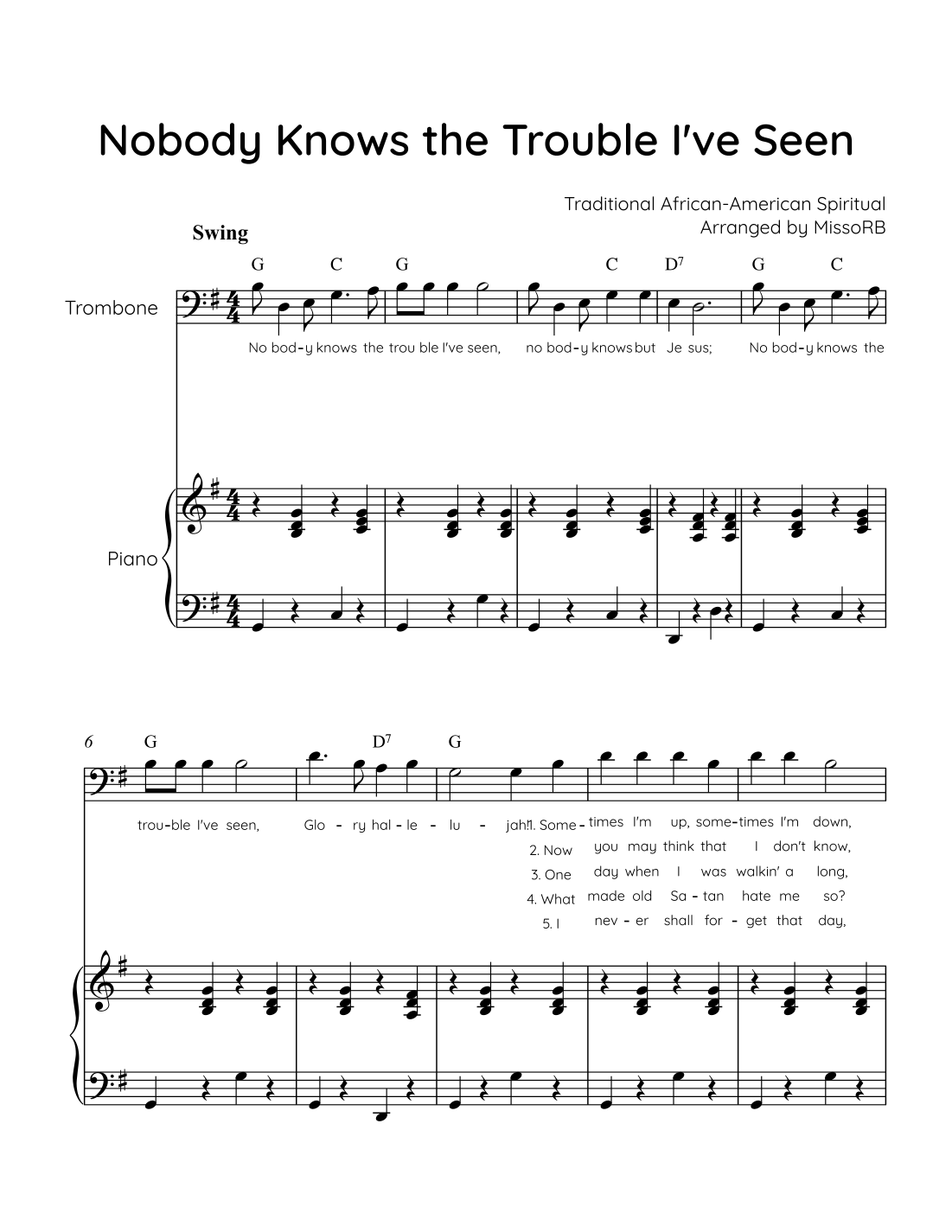 Nobody Knows the Trouble I've Seen - Trombone & Piano in G With Chords ...