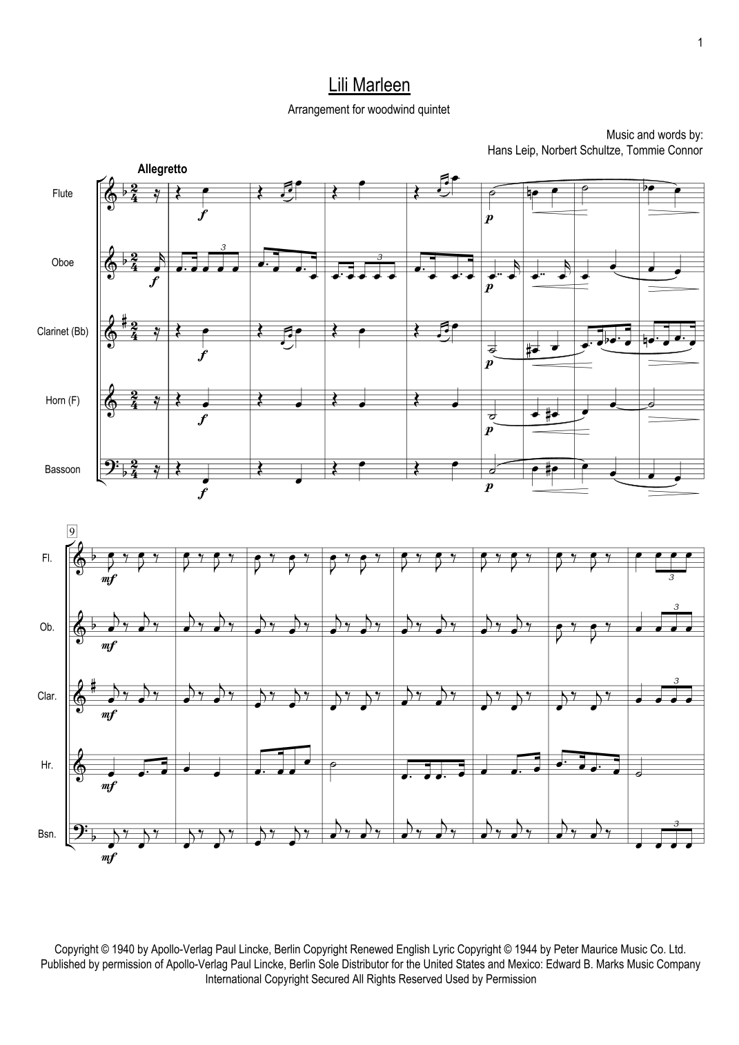 Lilli Marlene (Lili Marleen) (arr. Edition Maulwurf) by Marlene ...