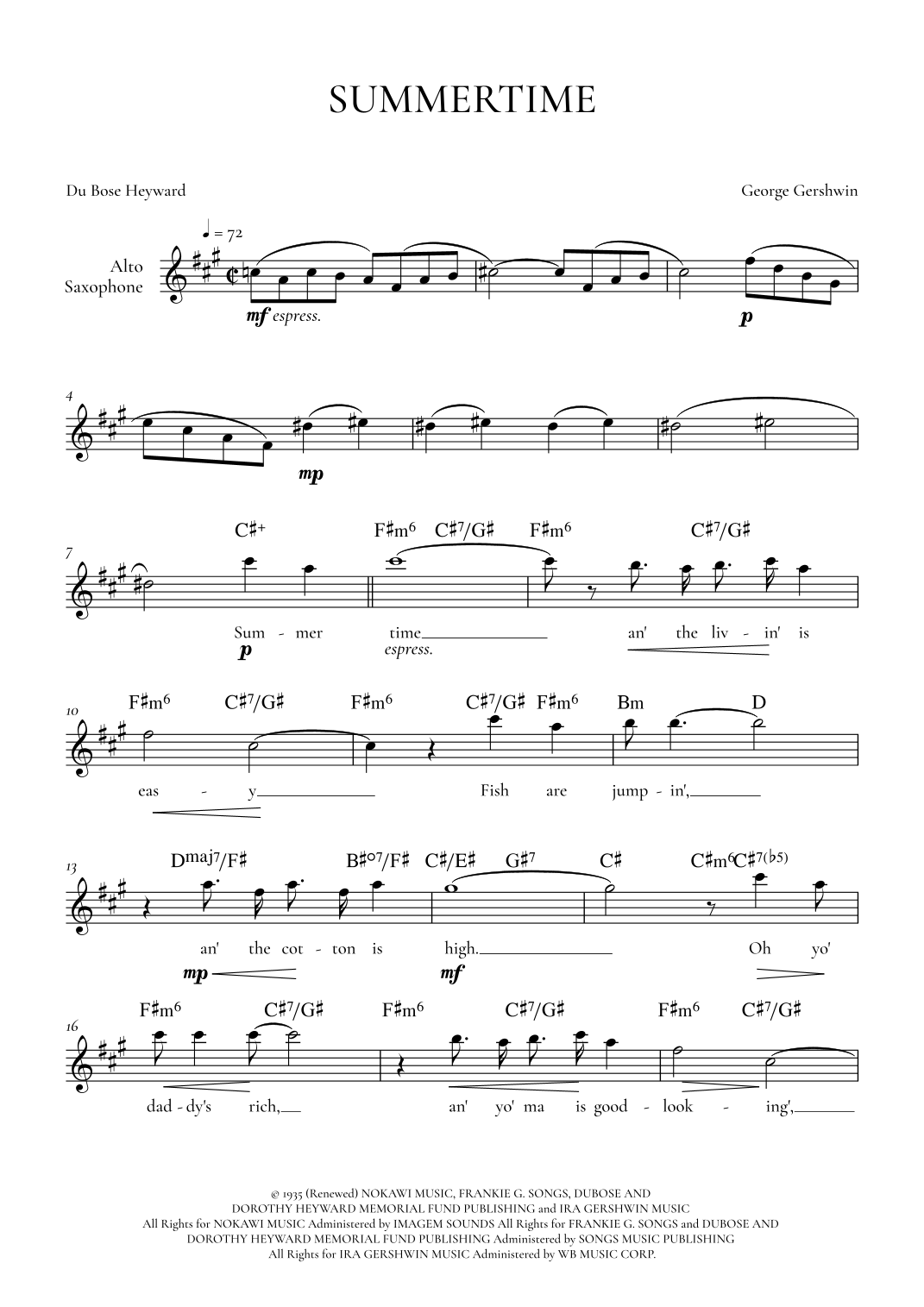 Summertime (arr. Phee) by Ira Gershwin Sheet Music for Alto Sax Solo at ...