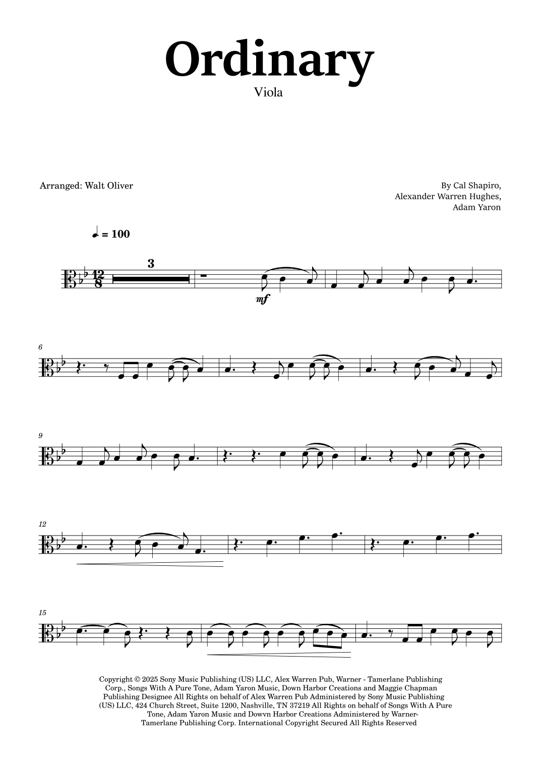 Ordinary (arr. Walt Oliver) by Alex Warren Sheet Music for Viola Solo ...