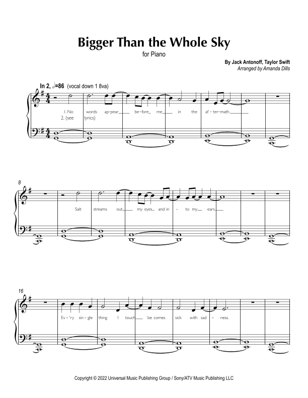 Bigger Than The Whole Sky arr Amanda Dills By Taylor Swift Sheet Bigger Than The Whole Sky arr Amanda Dills By Taylor Swift Sheet