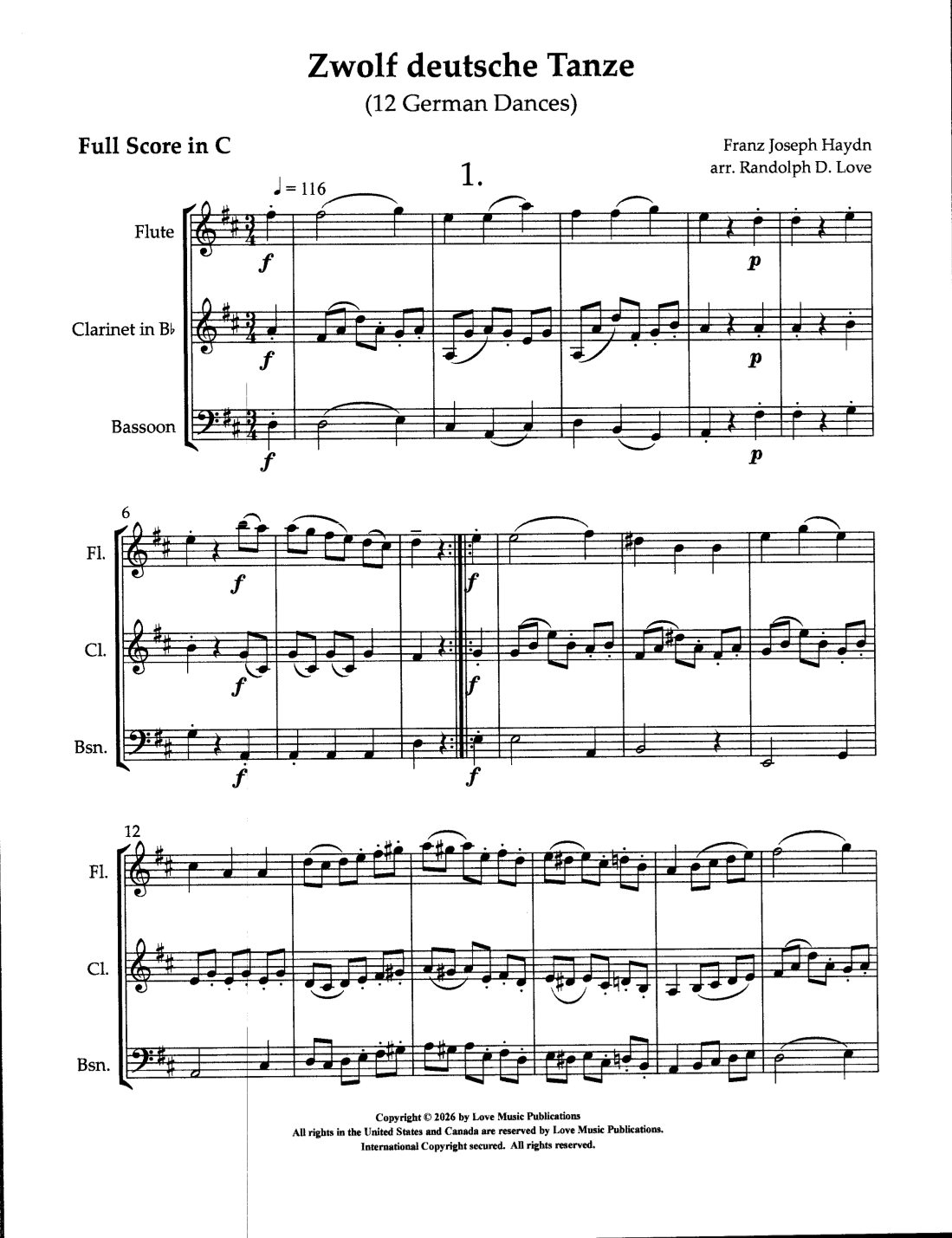 Zwolf deutsche Tanze (12 German Dances) for Flute, Clarinet and Bassoon ...